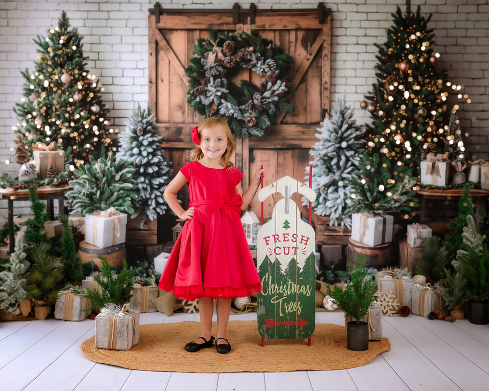 Kate Christmas Trees Brown Wooden Barn Door Backdrop Designed by Emets