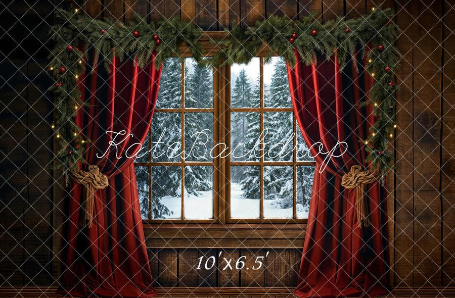 Kate Winter Christmas Red Curtain Window Backdrop Designed by Emetselc