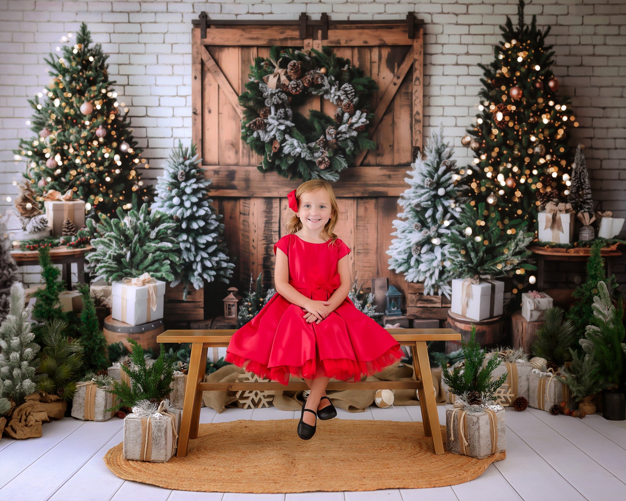 Kate Christmas Trees Brown Wooden Barn Door Backdrop Designed by Emets